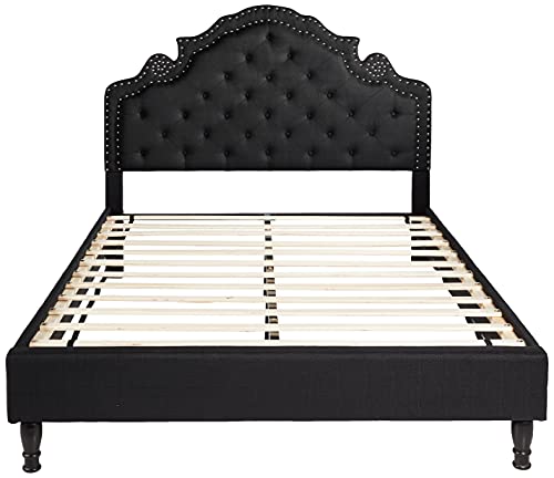 HomeLife Premiere Classics 51" Tall Platform Bed with Cloth Headboard and Slats - Queen (Black Linen)