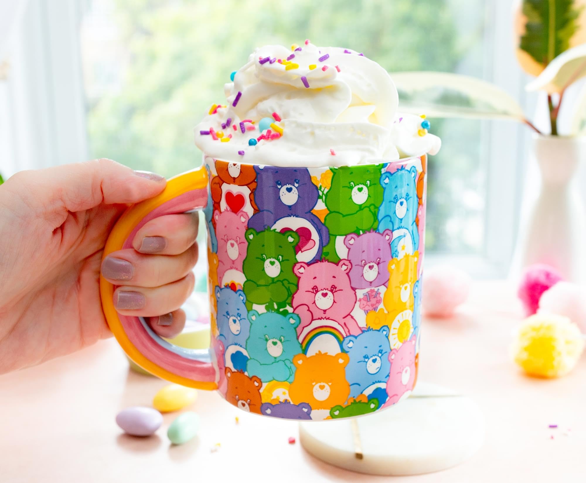 Care Bears Allover Print Ceramic Mug With Rainbow Handle | Large Coffee Cup For Tea, Espresso, Cocoa | Holds 20 Ounces