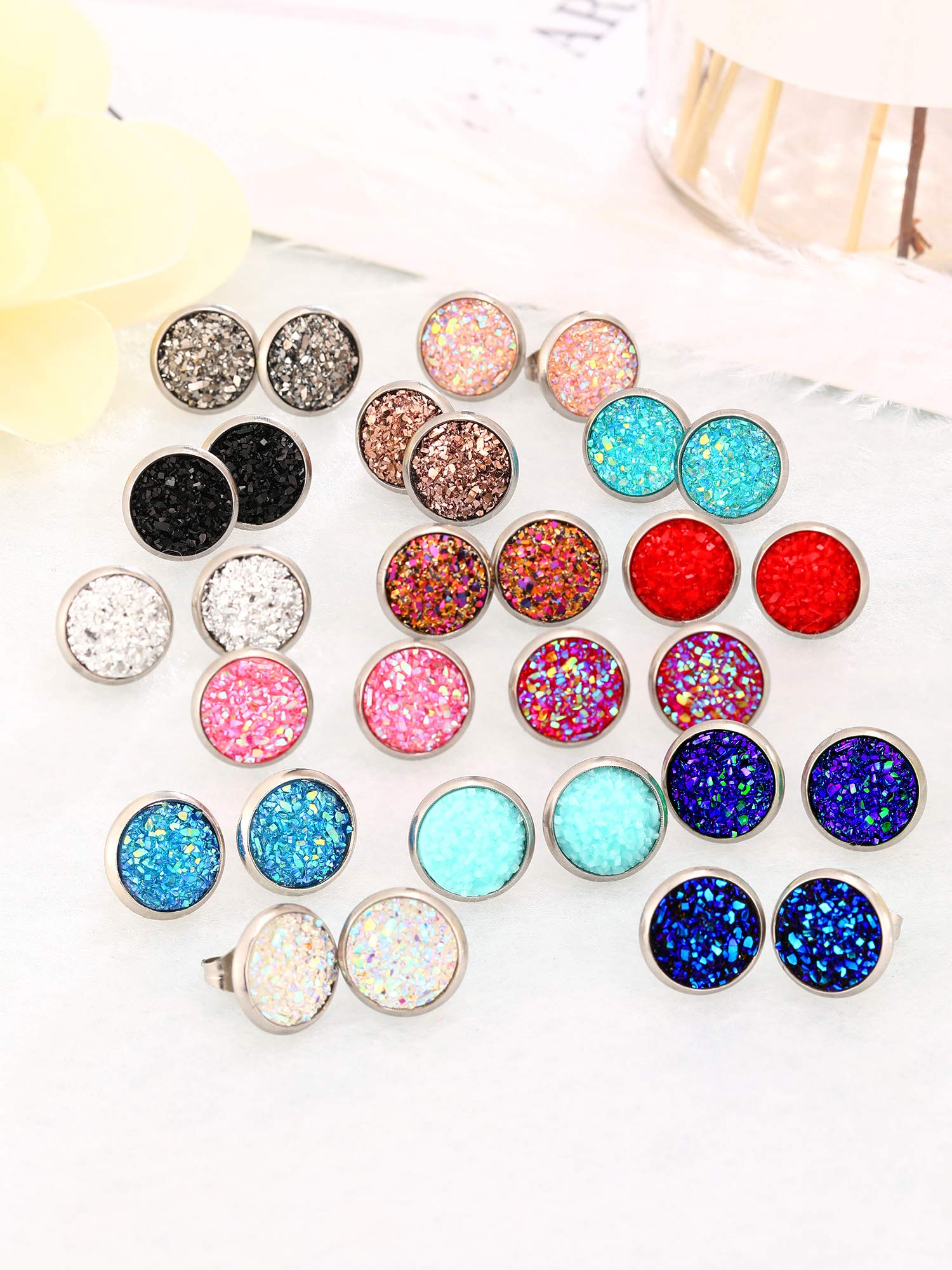 Boao 15 Pairs Druzy Stud Bulk Earrings Set Stainless Steel Round post Earrings Bohemian Pierced Earrings Jewelry for Women