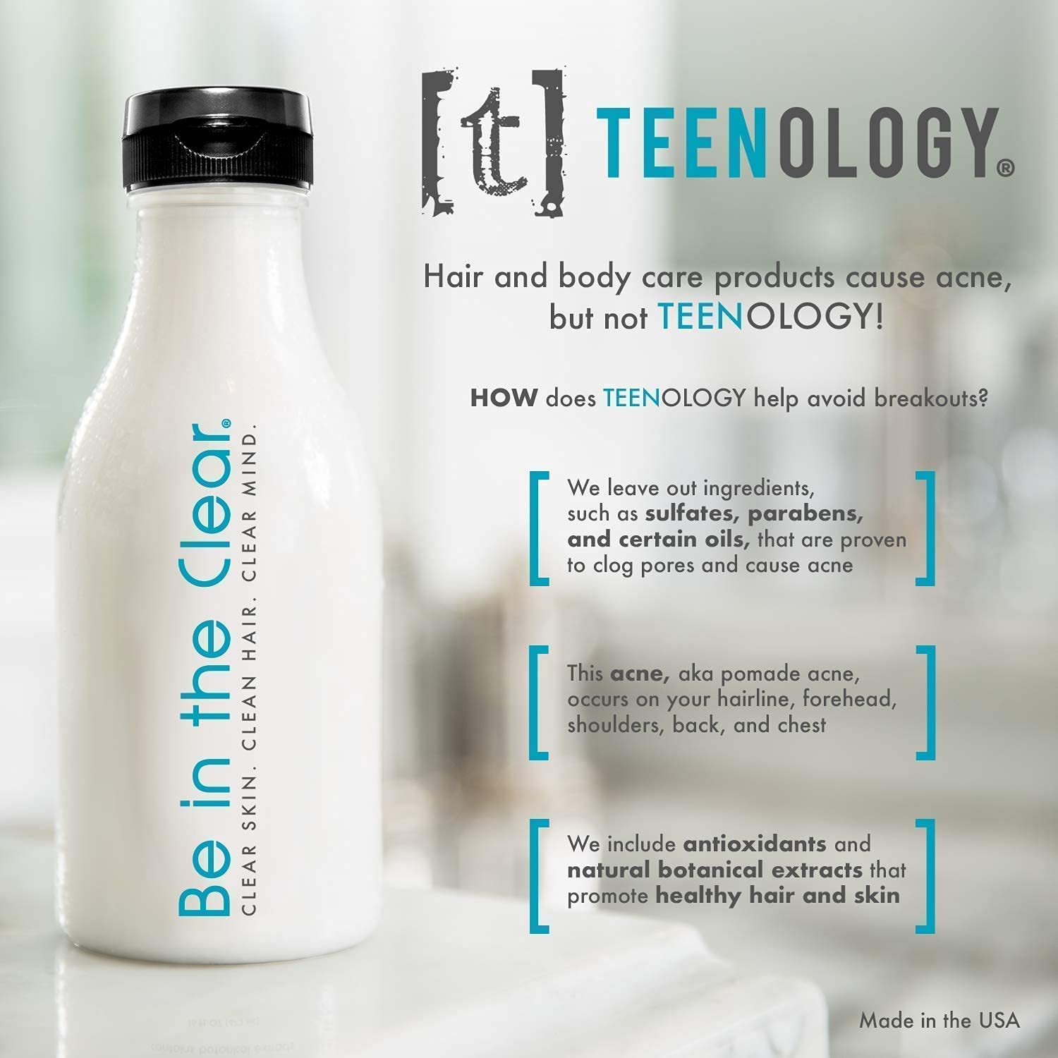 Teenology Shampoo and Conditioner Bundle (Save 5%) - Avoid Forehead Acne and Breakouts - No Sulfates or Parabens, Noncomedogenic, Natural Botanical Extracts, Blueberry Pomegranate Cucumber - 16 oz.