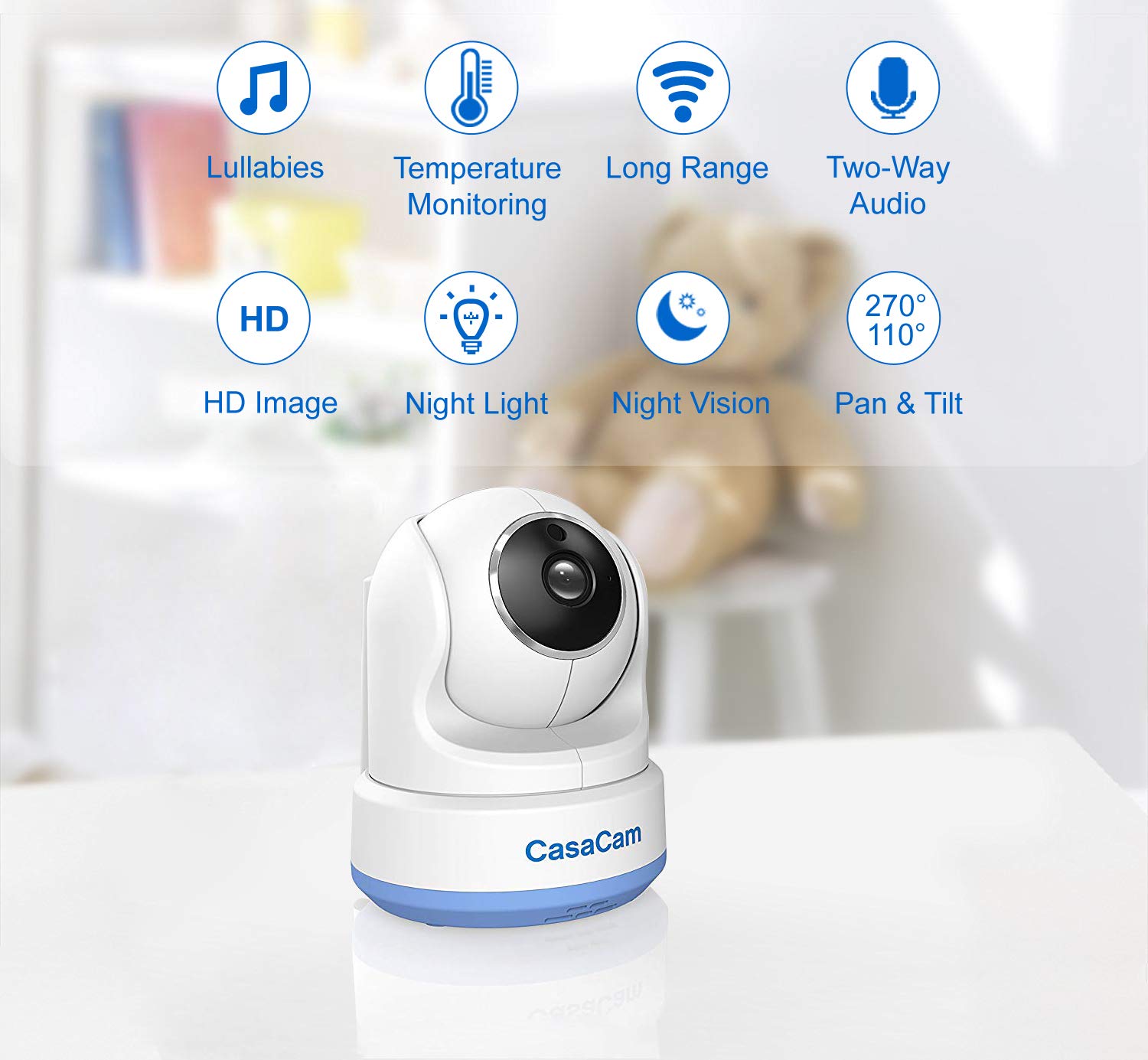 CasaCam BC200 Digital Wireless HD Pan & Tilt Baby Camera, Add-on Camera BM200, Two-Way Audio, Night Vision, Temperature Monitoring, Night Light and Lullabies