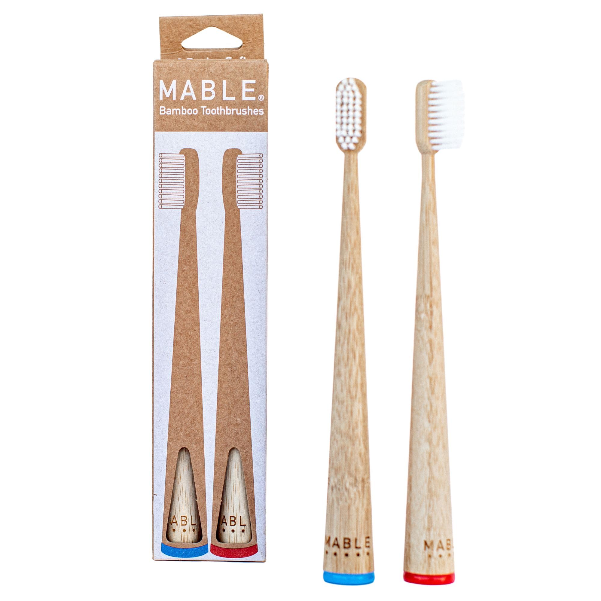 MABLE Bamboo Toothbrush, Adult Two Pack, BPA-Free Soft Bristle Toothbrushes, Eco-Friendly, Compostable Natural Wooden Toothbrush