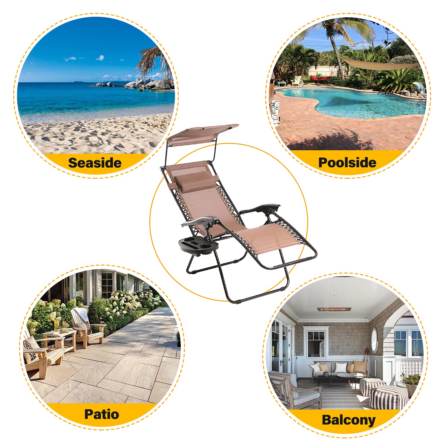 BMS Lounge Chairs with Canopy Cup Holder for Patio Balcony Poolside, Brown