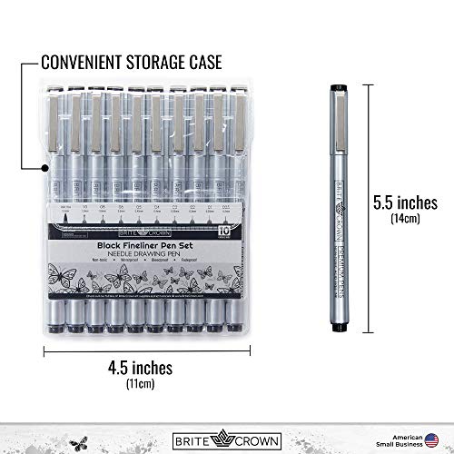 Brite Crown Drawing And Sketching Pens Set - 10 Black Fineliner Pens 0.2mm To 1.0mm Width Tips & 2.5mm Micro Calligraphy Brush-tip Pen, Ideal Gift Idea For Artists And Beginners