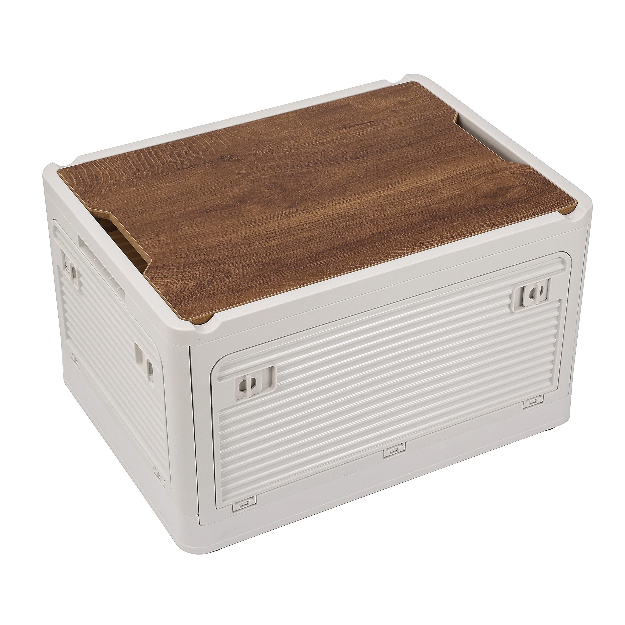 The foldable outdoor camping storage box has a large capacity of 48L, the foldable storage box equipped with a wooden cover and rollers can be used for indoor,car trunk and camping.