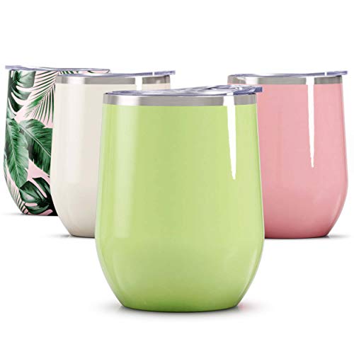 Maars Bev Stainless Steel Stemless Wine Glass Tumbler with Lid, Vacuum Insulated 12 oz Cup | Spill Proof, Travel Friendly, Fun Cocktail Drinkware - Matcha Green