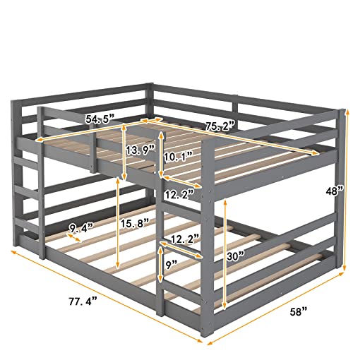 Bunk Beds Full Over Full Low Bunk Bed Frame Wood Floor Bunkbed for Kids Toddlers Boys Girls Teens’ Bedroom Dorm, Gray
