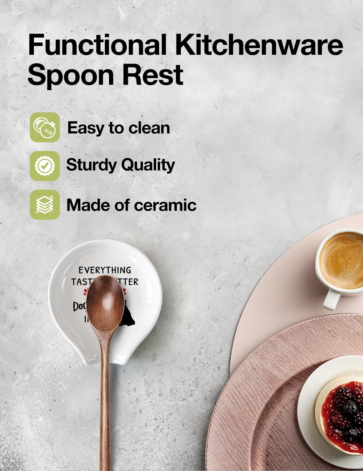 WHING Funny White Ceramic Coffee Tea Spoon Rest, Everything Tastes Better With Dog Hair in it - Coffee Station Decor Coffee Holder Accessories Gift for Coffee Lovers Friends