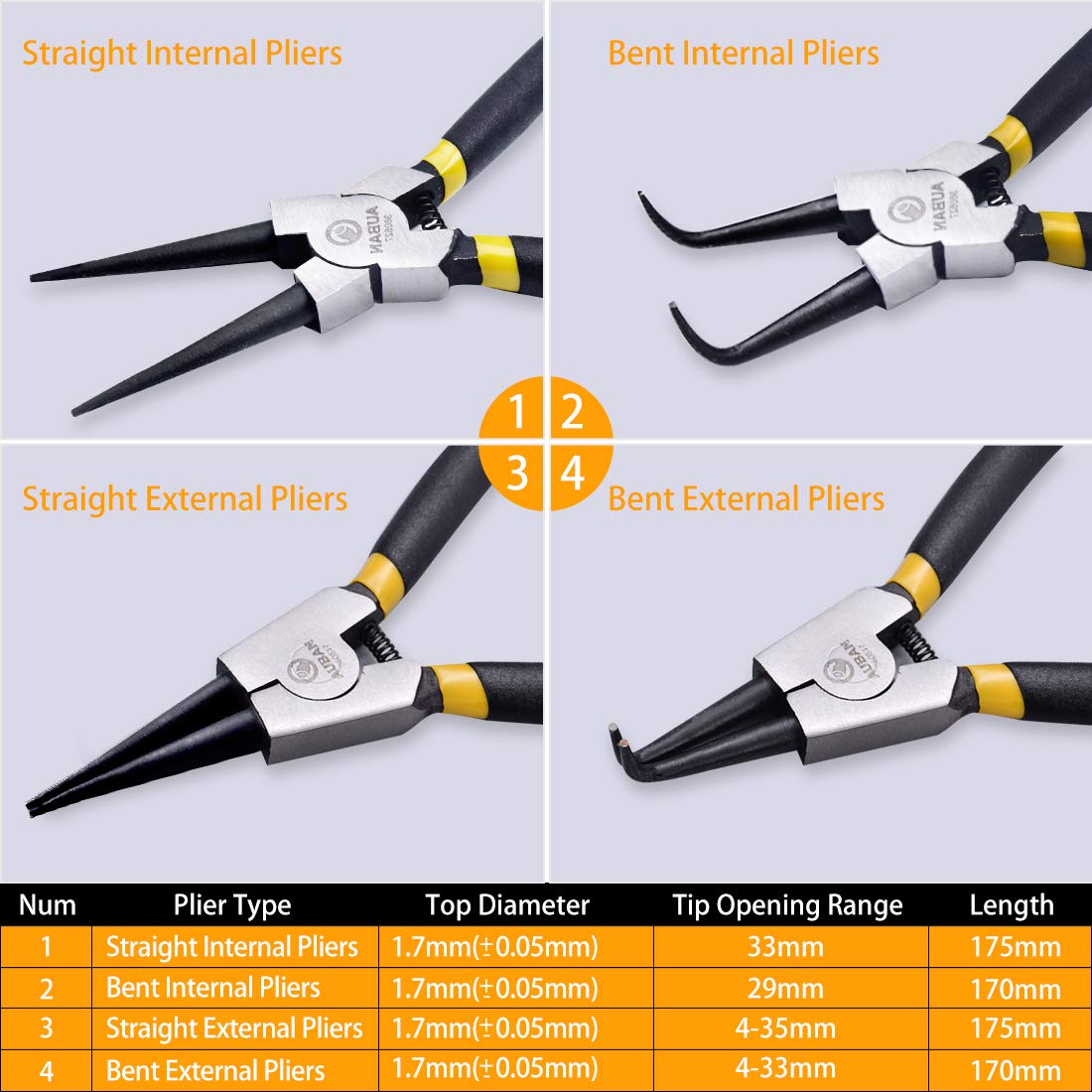 4 Piece 7-Inch Snap Ring Pliers Set, Internal/External Circlip Pliers Kit Straight/Bent Jaw Pliers Tips C-Clip Pliers with Storage Pouch
