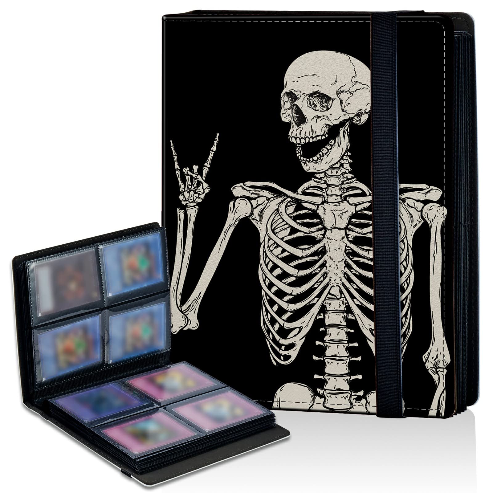 4 Pocket Card Binder, Waterproof Trading Card Folders with Double Sided Pockets, 320 Card Collection Binder for Game Cards/Most Standard Size Cards/Sports Cards, Rock Skull