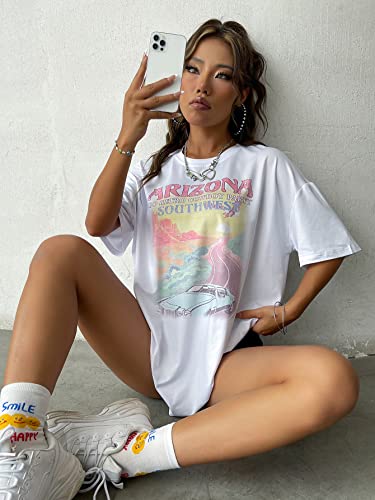 Cozyease Women's Oversized Graphic Letter Print T Shirts Short Sleeve Loose T Shirts Casual Women Summer Tops White L