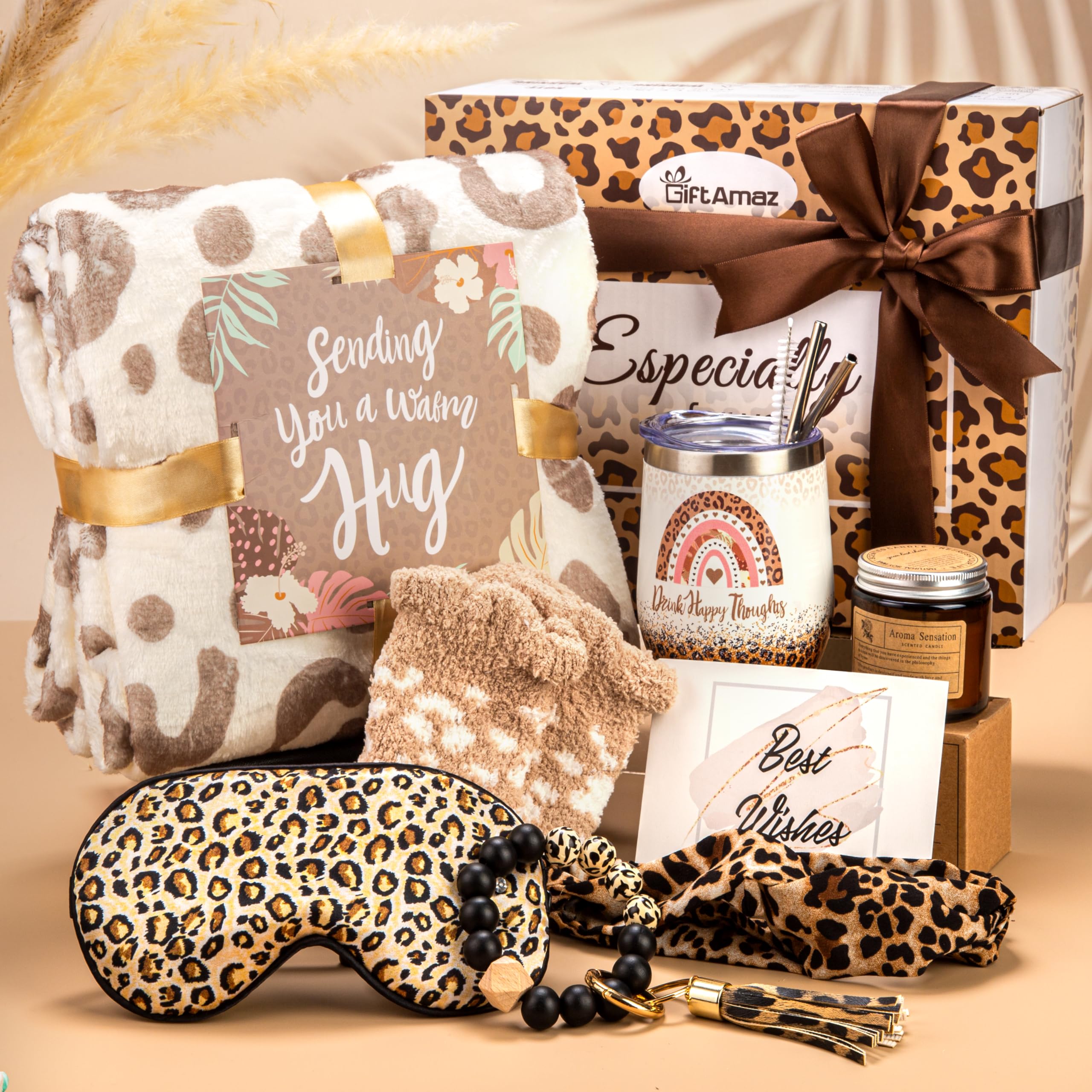 GiftAmaz Leopard Gifts for Women, Get Well Soon Gifts with Leopard Tumbler and Blanket, Care Package Thinking of You Birthday Gifts Basket Set, Leopard Print Christmas Gifts Box for Women Friend Mom