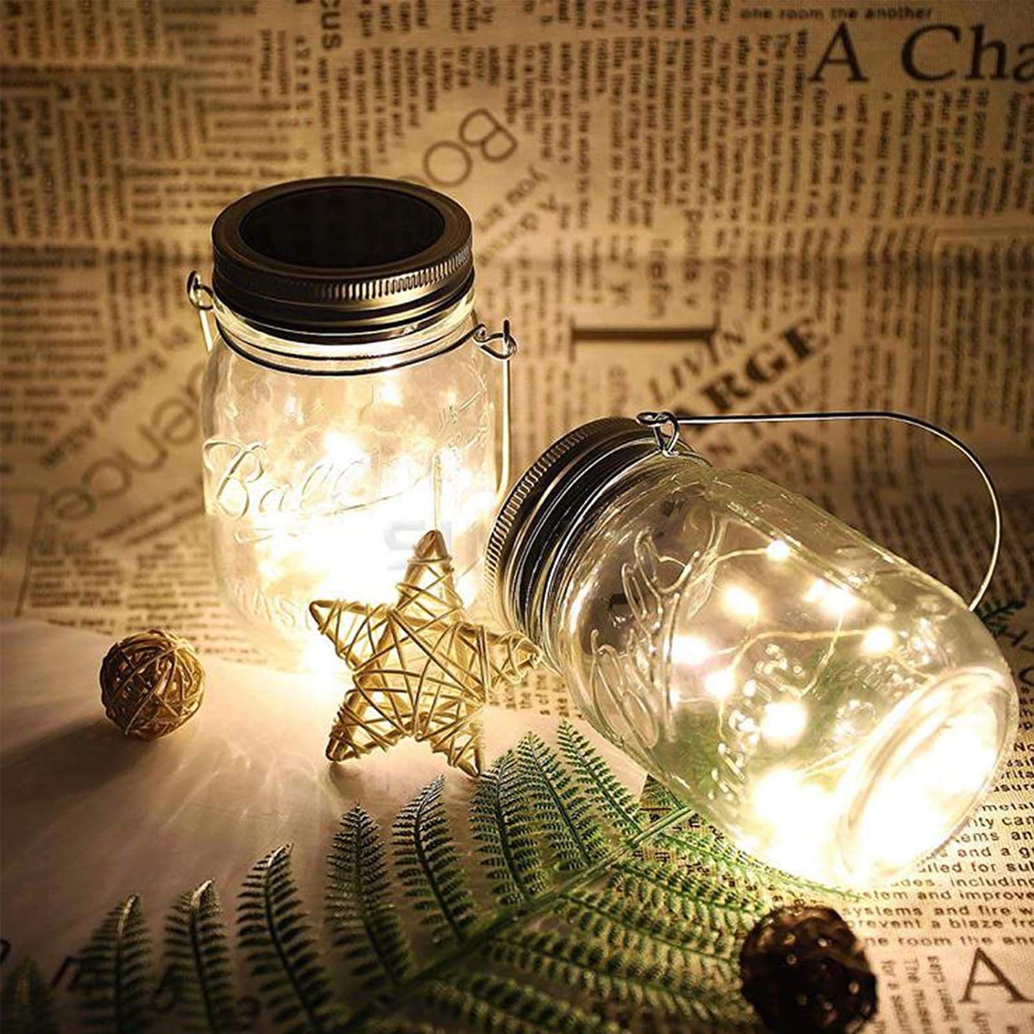 Casabits Decor Solar Mason Jar Lights, 2 Pack 10 LED Warm White - Hanging Solar Garden Lights - Solar LED Outdoor Lights for Patio or Garden β Beautiful Decorative Lights β Hanging Solar Garden Lights