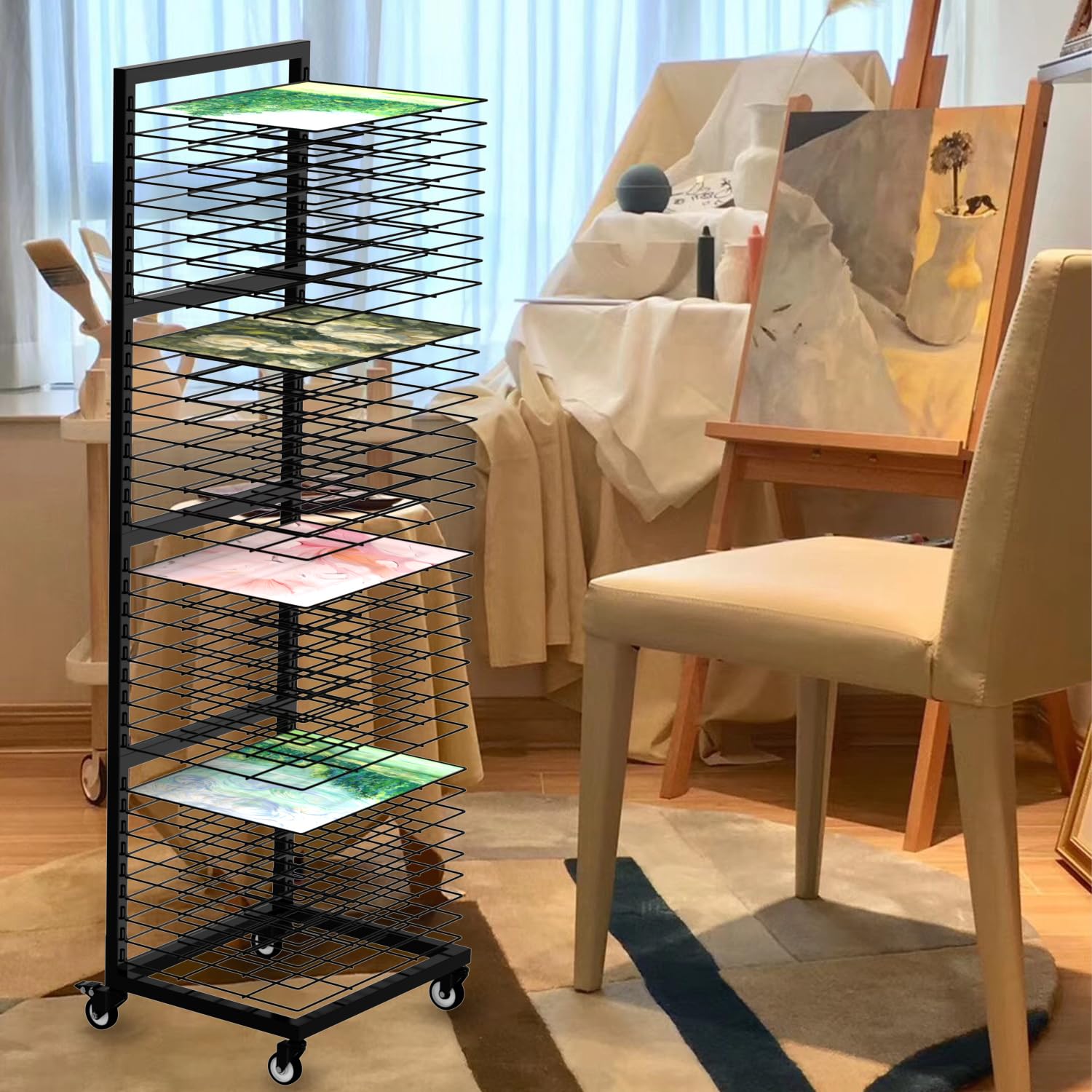 Tredre 36-Shelf Art Drying Rack with Lockable Wheels, Painting Drying Rack for Classroom, Art Studio, Canvas Rack Art Storage - Sturdy Steel Construction - 13 3/4" D x 17 1/2" W x 55 1/2" H, Black