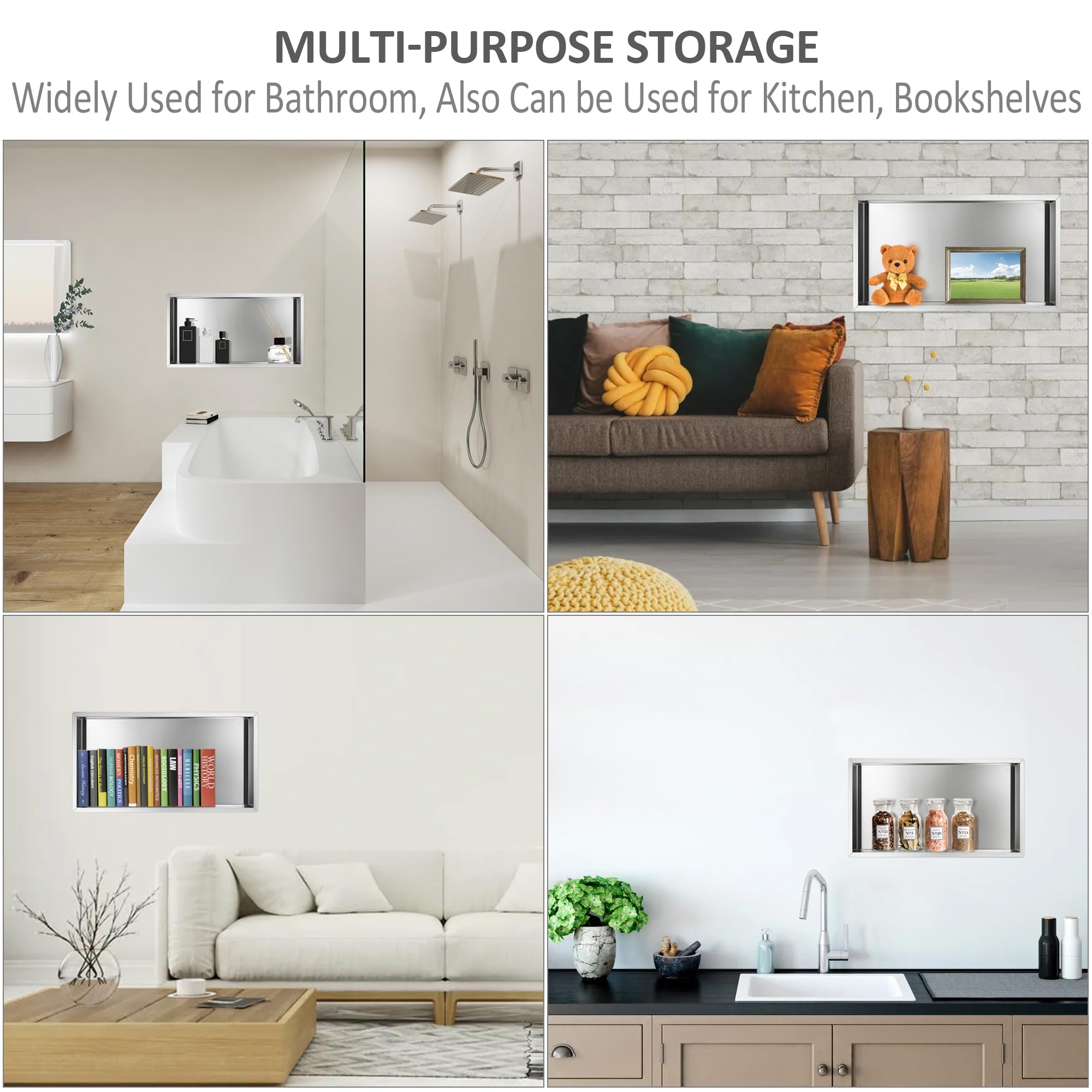 Besino Stainless Steel Shower Niche,24 X 12 Inch, Silver, Shower Niche for Bathroom Storage, No Tile Needed Recessed Shower Shelf