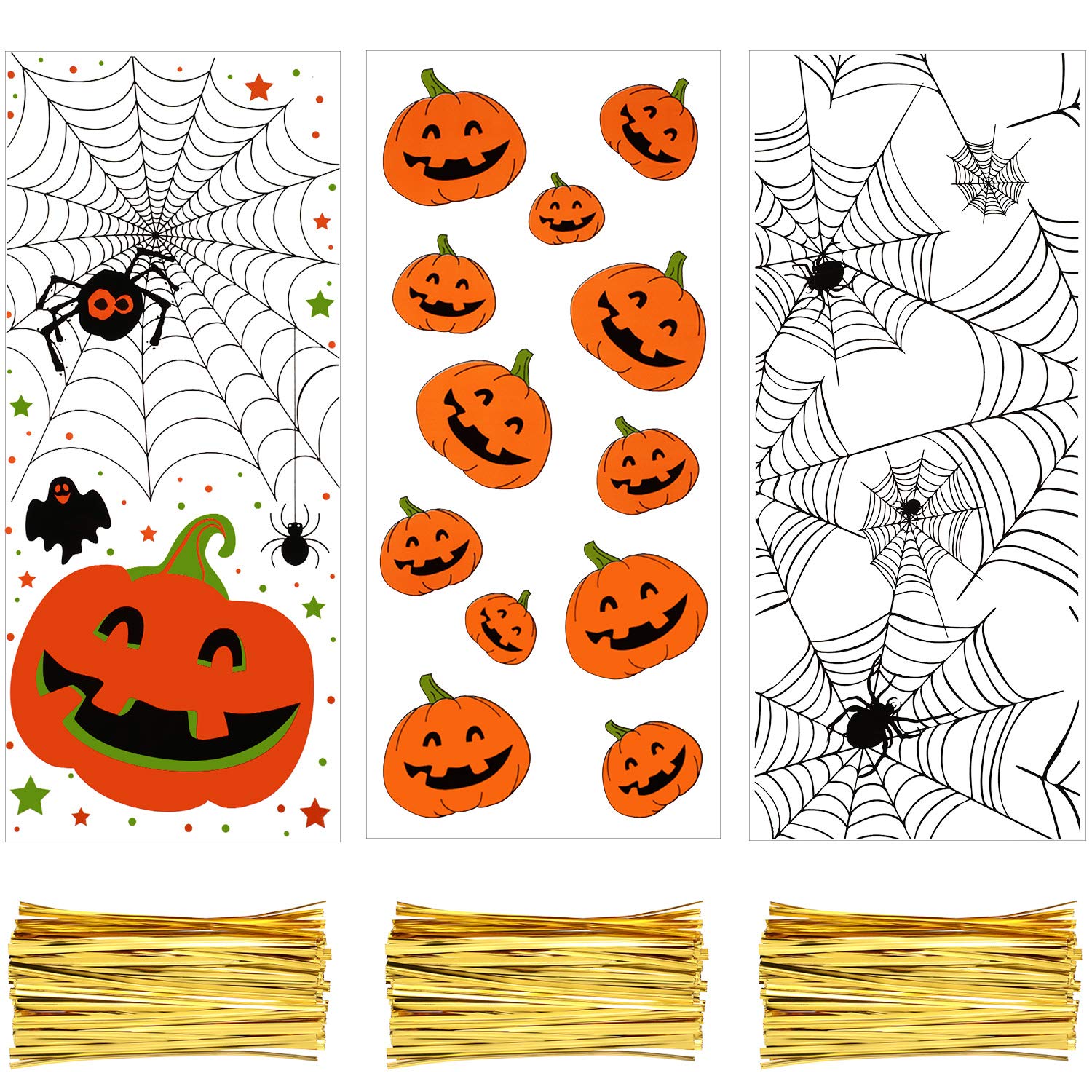 Boao 150 Pcs Halloween Cellophane Treat Bags Clear Plastic Candy Bags with 150 Twist Ties 11 Inch Pumpkin Spider Web Halloween Goodie Bags for for Snacks Cookies Gift Kids Halloween Party Favor