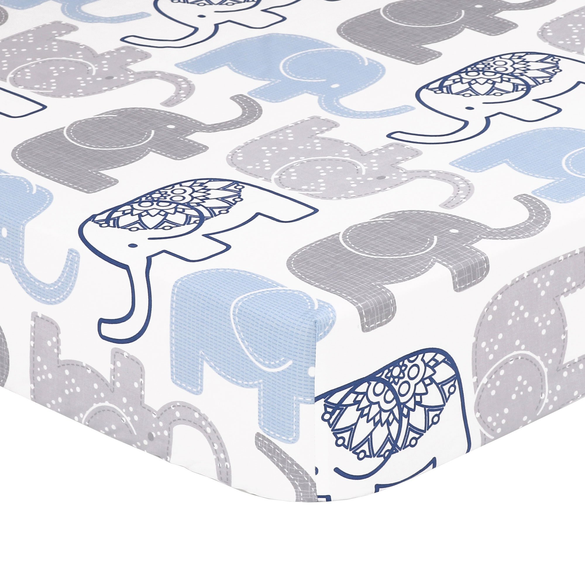 Grey, Navy Blue Elephant Print Fitted Crib Sheet - 100% Cotton Baby Boy Jungle Animal Theme Nursery and Toddler Bedding