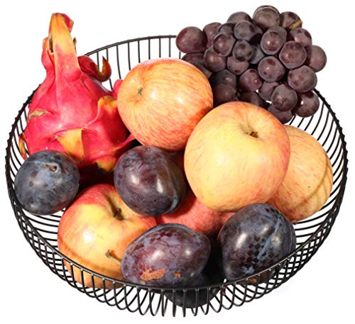 Cq acrylic Metal Wire Fruit Basket,Large Round Storage Baskets for Bread,Metal Wire Bread Fruit Bowl Vegetable Stand Holder for Snacks,Modern Fruit Bowl Decorate Kitchen Counter,Black