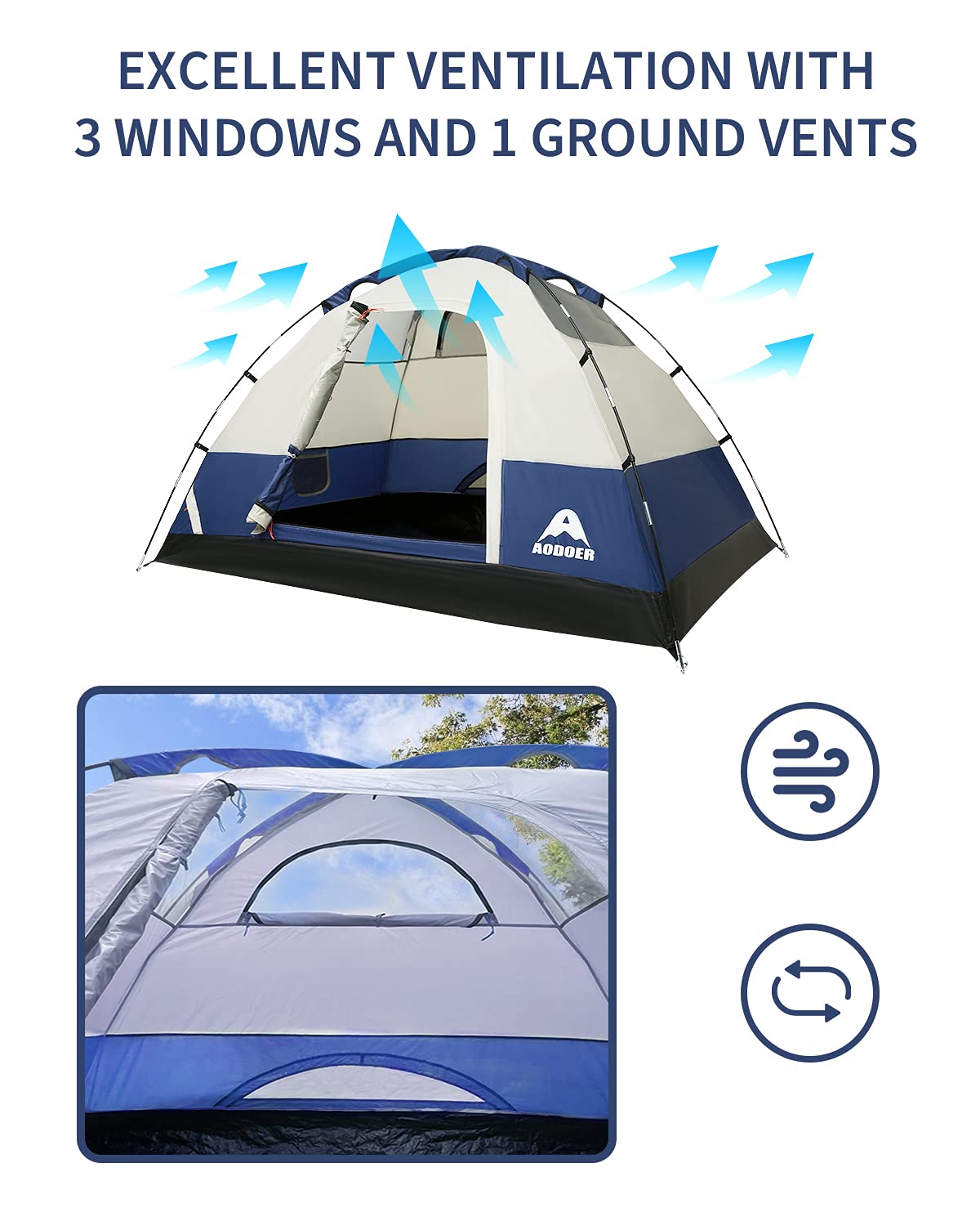 4 Person Tent with Removable Rain Fly, Waterproof Camping Tents Easy Setup, 3 Mesh Windows with Double Layer for Camp Backpacking Hiking Outdoor for 4 Seasons(Navy)