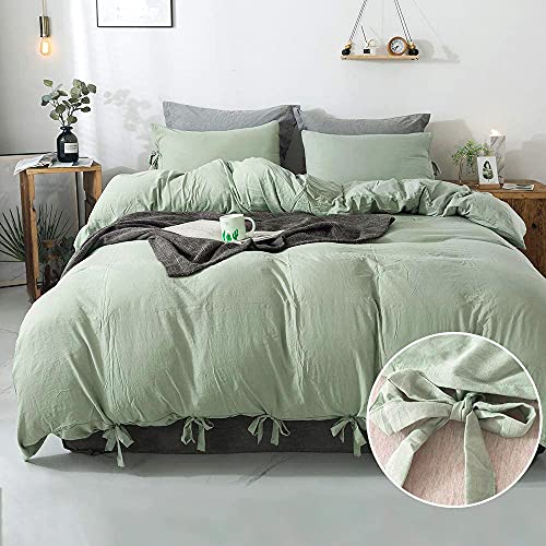 annadaif Green Duvet Cover Queen Size, 3 Pieces Soft Washed Microfiber Duvet Cover Set, Comforter Cover with Bowknot Bow Tie (1 Duvet Cover 90x90 Inch, 2 Pillowcases) Easy Care Bedding Set