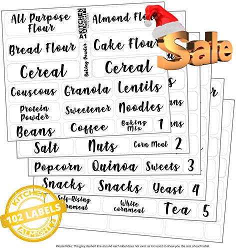 Kitchen Pantry Food Organization Clear Labels: 102 Attractive Gloss Artistic Preprinted Water Resistant Label Set to Organize Storage Containers, Jars & Canisters w/Extra Write-on Stickers