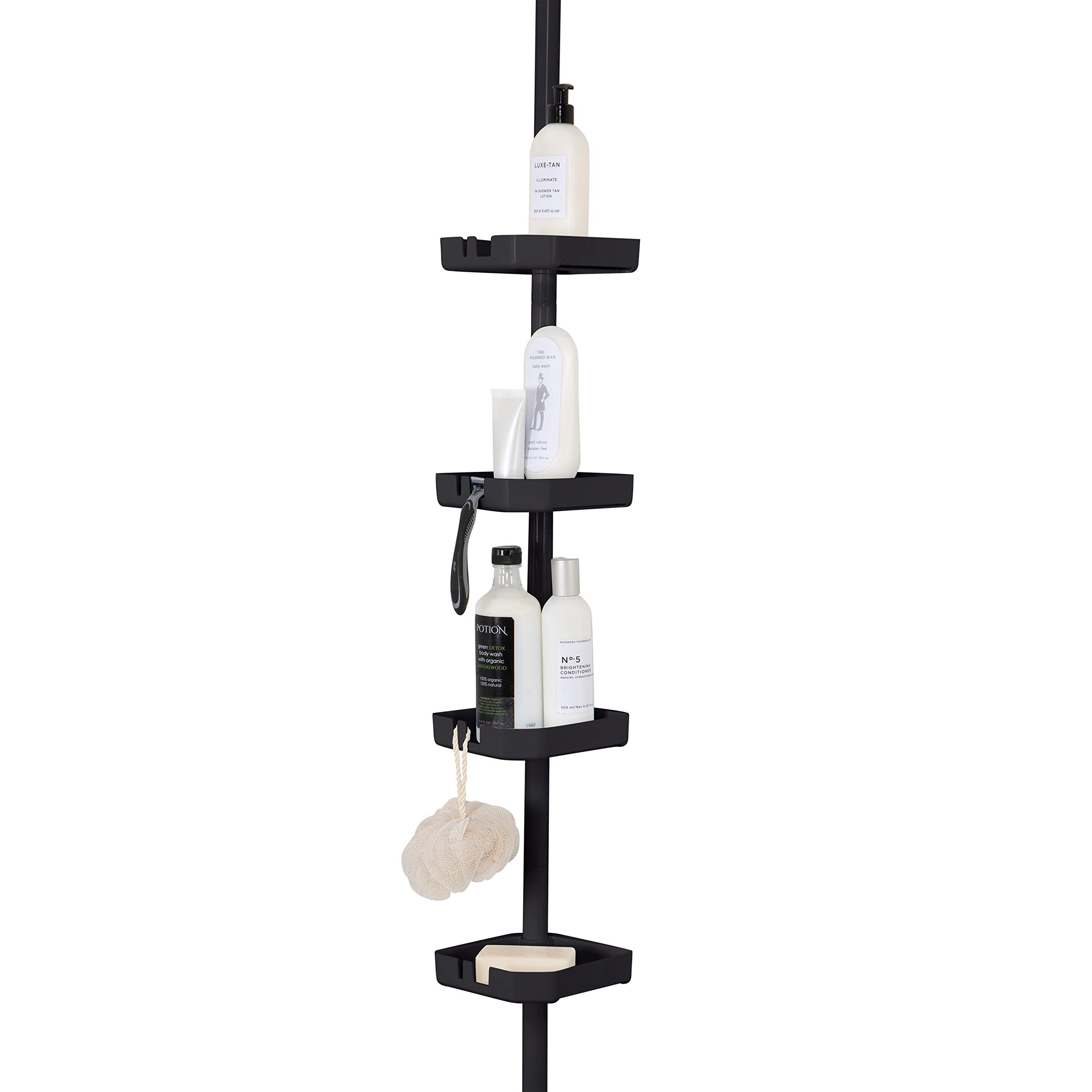 Bath Bliss 4 Tier Tensions Corner Shower Caddy Shelves Adjustable 48β-101β Bathroom Organizer Bathtub and Shower Stall Holds Large Bottles Soap Shampoo Washcloths Matte Black