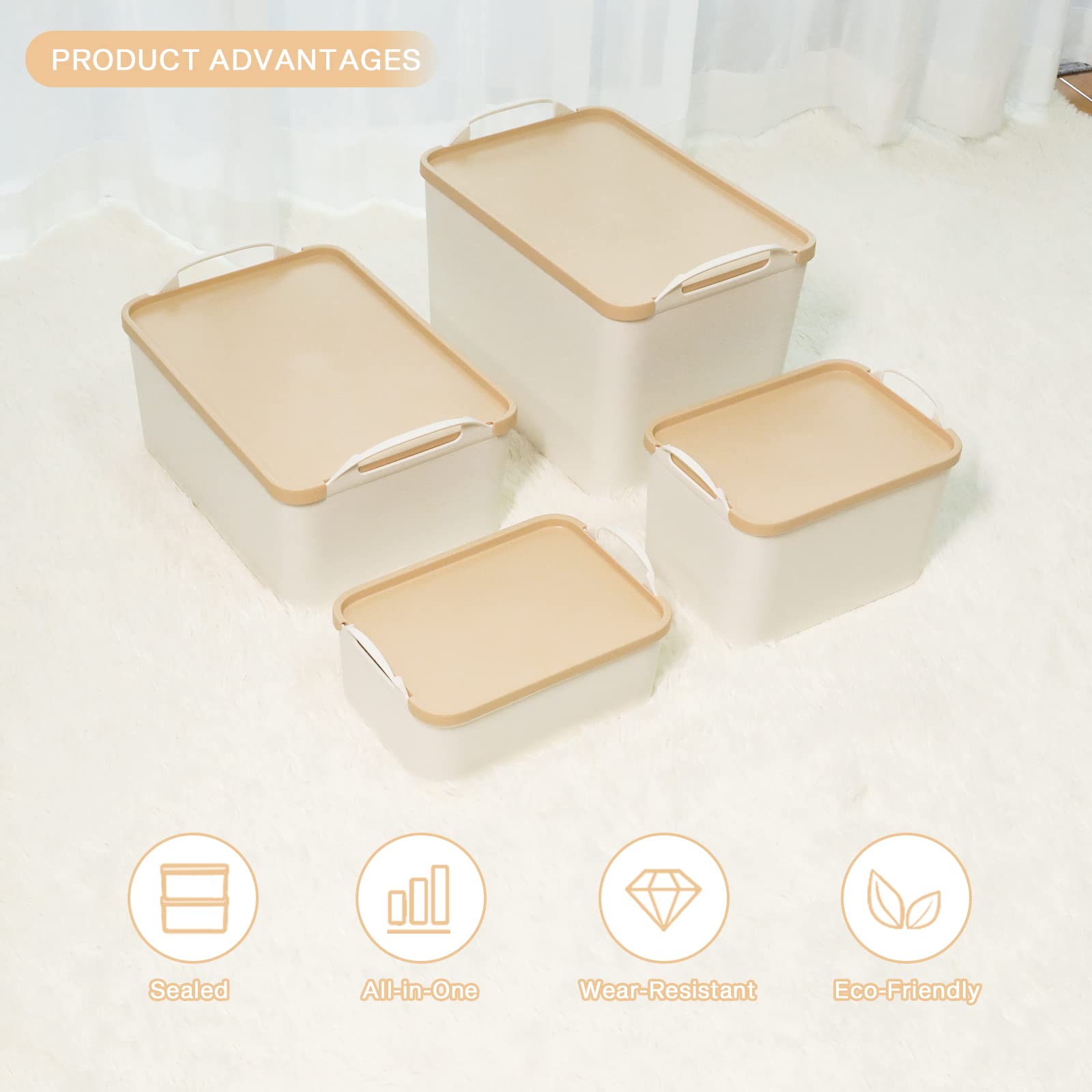 ANMINY 8PCS Plastic Storage Bins Containers with Lids, Large White Storage Organization Bins Boxes, Lidded Plastic Storage Baskets for Closet Shelves Drawers Desktop Home Office, Wheat Lids