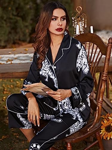 Brosloth Women's Silk Satin Pajamas Pjs Sets Cute Tiger Pattern Two Piece Loungewear Set Button Up Pajamas Sleepwear Black M