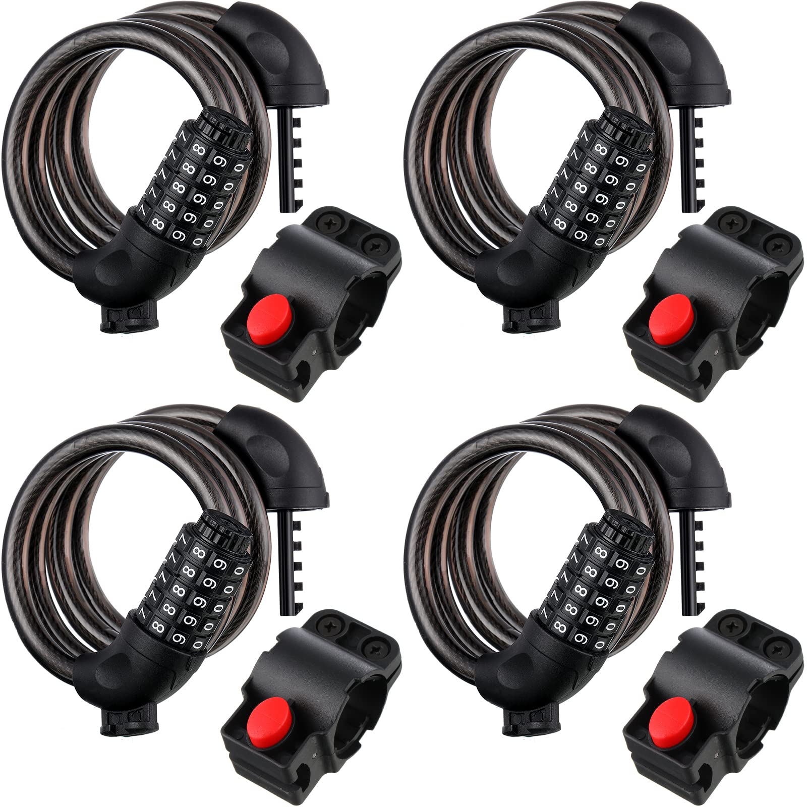 4 Pieces Bike Lock 4 Feet Bike Lock Cable 5 Digit Resettable Combination Code Security Coiling Bicycle Lock 2/5 Inch Diameter with Mounting Bracket for Bicycle Outdoors (Black)
