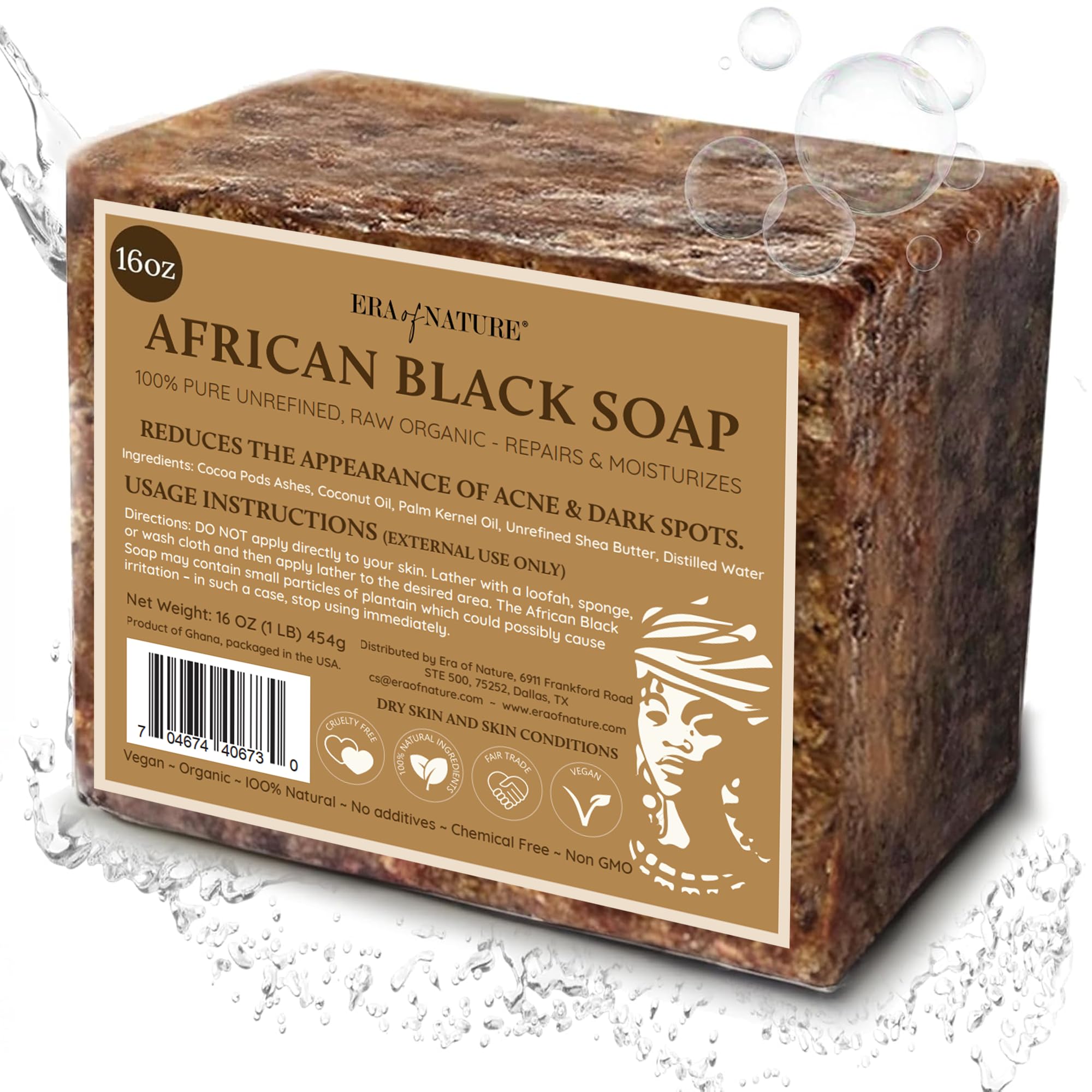 era of nature Best Raw ORGANIC AFRICAN BLACK SOAP, for Dry Skin and Skin Conditions. Pure & Natural Ingredients, Imported From Ghana - 1lb (16oz)