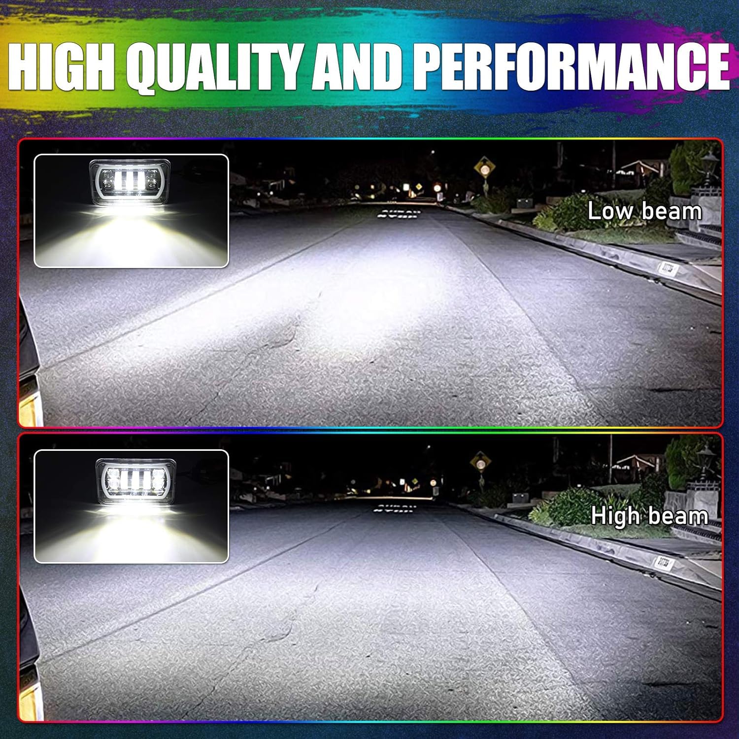 4x6 Led Headlight RGB Halo Ring, Music Mode, Smartphone APP Control, Seal Beam Replace H4651 H4656 H4666 Rectangular Square Headlights for Trucks Peterbilt Kenworth Monte Carlo Oldsmobile (2PC Pack)