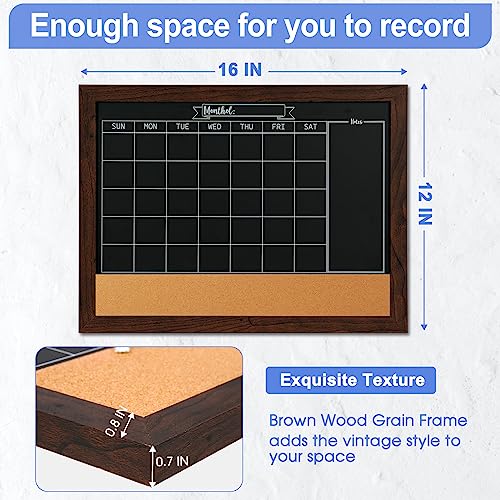 4 THOUGHT Chalkboard Calendar Corkboard Combo, 12" x 16" Small Bulletin Board Magnetic Calendar Chalkboard for Wall Combination Board Monthly Planner Rustic Brown Frame 1 Markers 6 Magnets 4 Pushpins