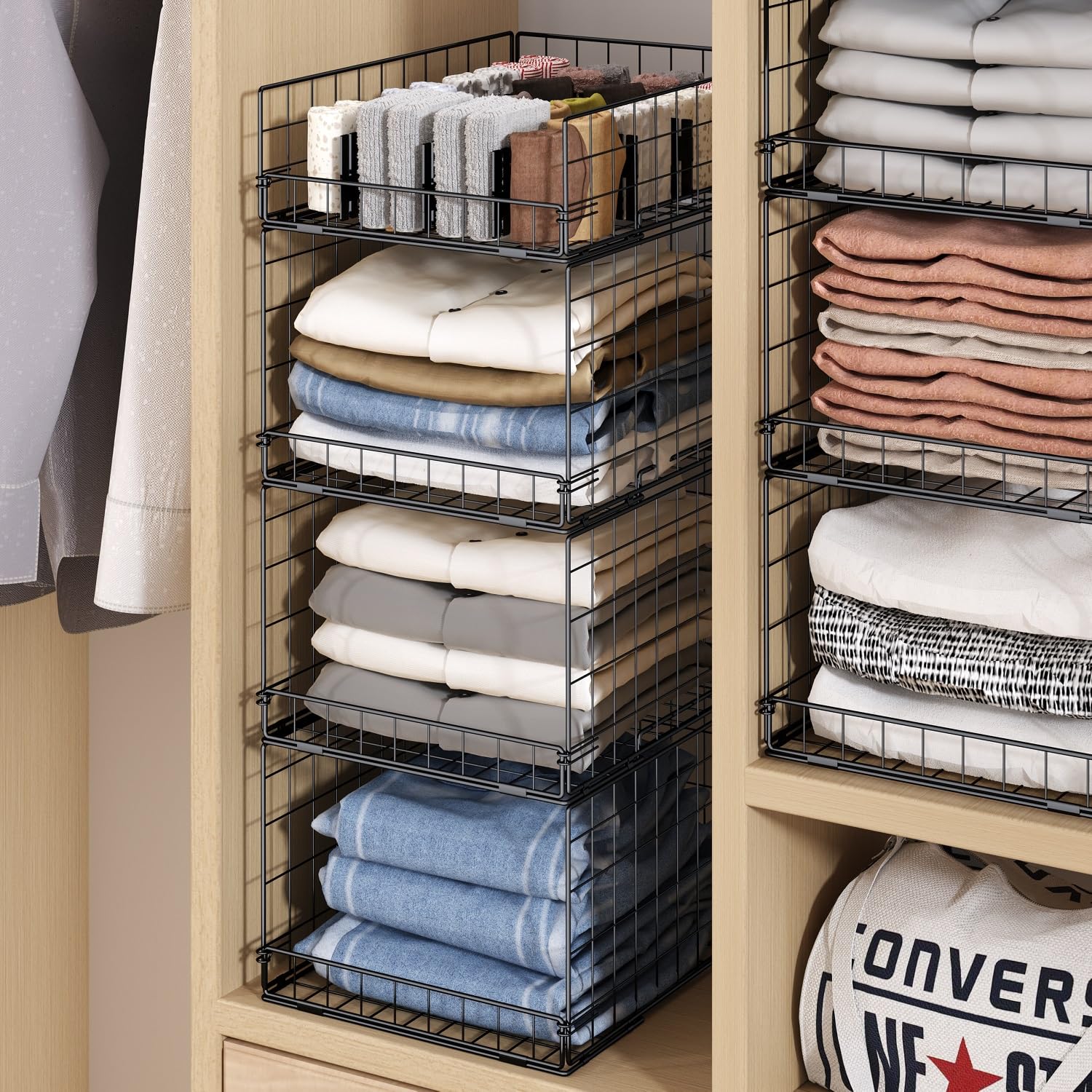 4 Tier Closet Organizers and Storage Shelves for Clothes,4 Pack Stackable Storage Bins Metal Wire Organizer Baskets Containers Drawers with Dividers for Truck Camper RV Closet/Pantries/Wardrobe