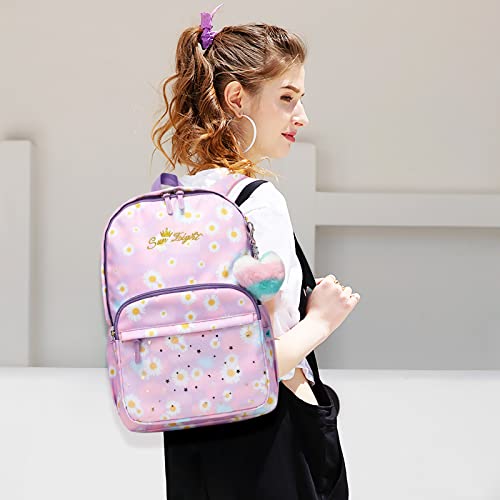Caran·Y Girls Backpack for Kid in Waterproof Elementary Large space Love decoration Starry Pattern School Bookbag Boys Girls Fit Over 6 Years Old Girls Book Bag(Purple)