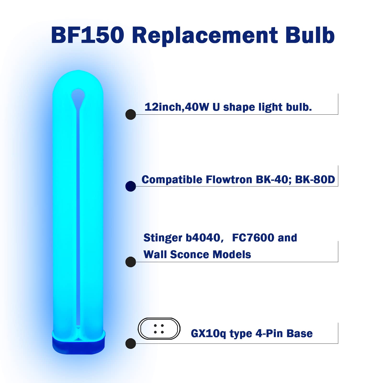 BF-150 40W Replacement Bulb Compatible Flowtron BK-40,BK-80D,Stinger b4040,FC7600 and Wall Sconce Models,FUL40T8/BL Black Light Bulb,12 Inch U Shape BL Lamp - 2 Pack