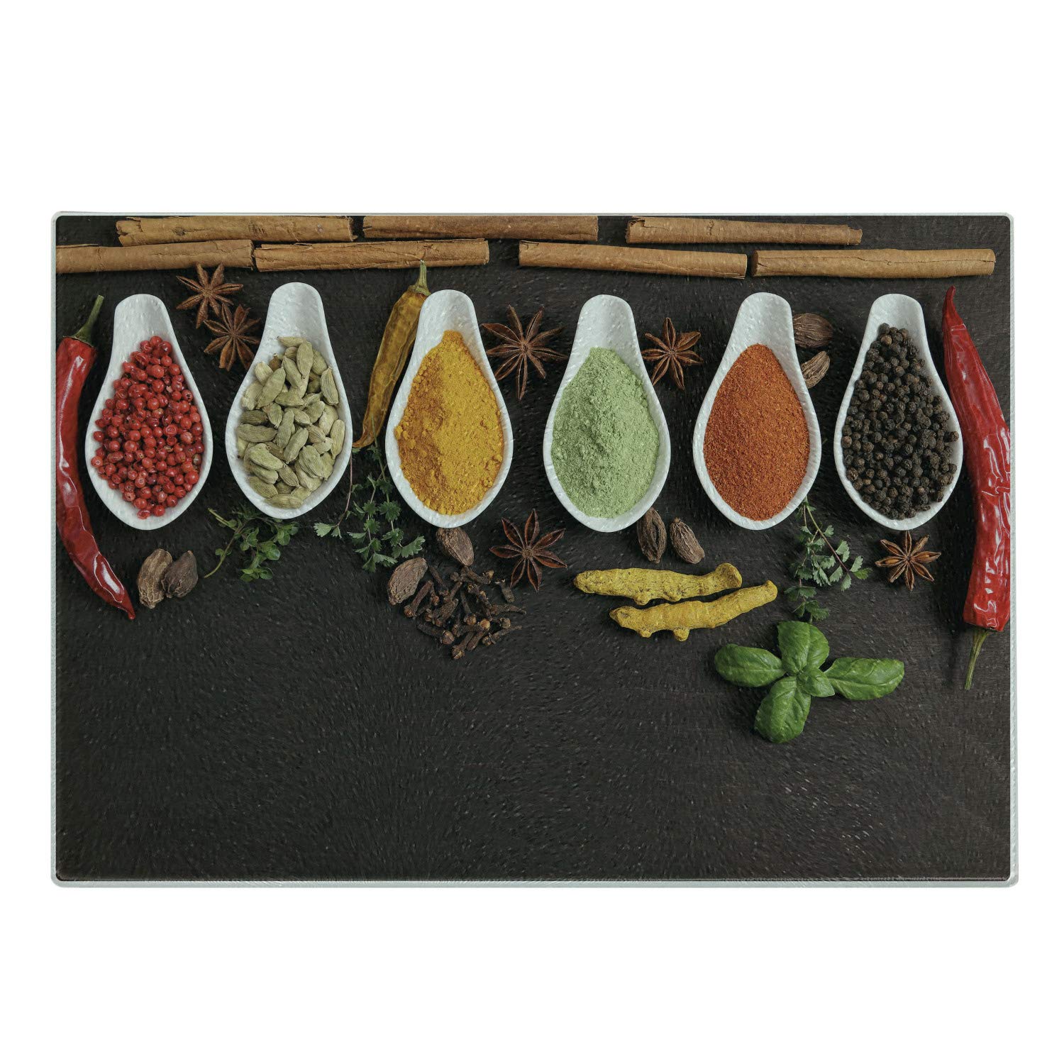 Ambesonne Spice Cutting Board, Top View Image of Aromatic Herbs and Spices Arranged Horizontally Tastes Folk Food, Decorative Tempered Glass Cutting and Serving Board, Small Size, Multicolor