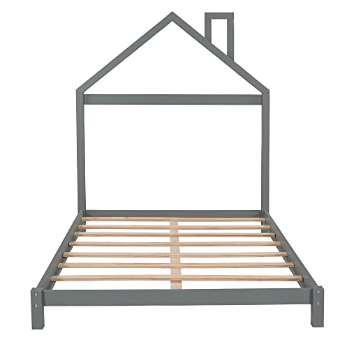 BIADNBZ Full Size Platform Bed Frame with House-Shaped Headboard for Kids Boys Girls Bedroom, Wooden Slats Support, No Box Spring Needed, Gray
