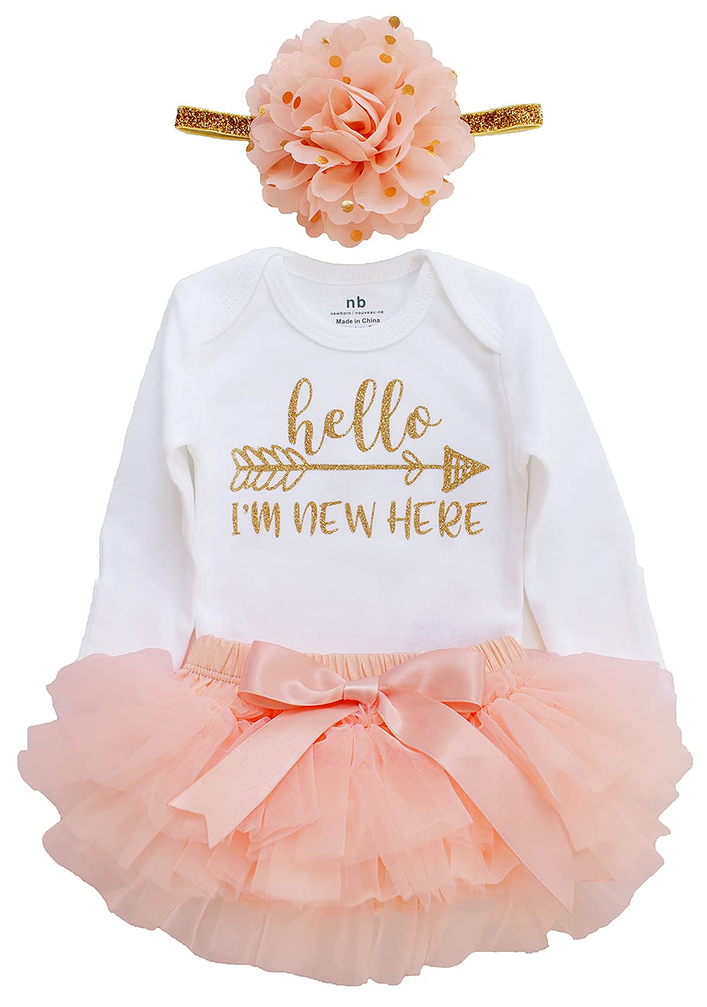 LilPinkGoose Newborn Baby Girl Coming Home Outfit Hello I am New here Bodysuits 3pcs (Newborn, Peach Long Sleeve)