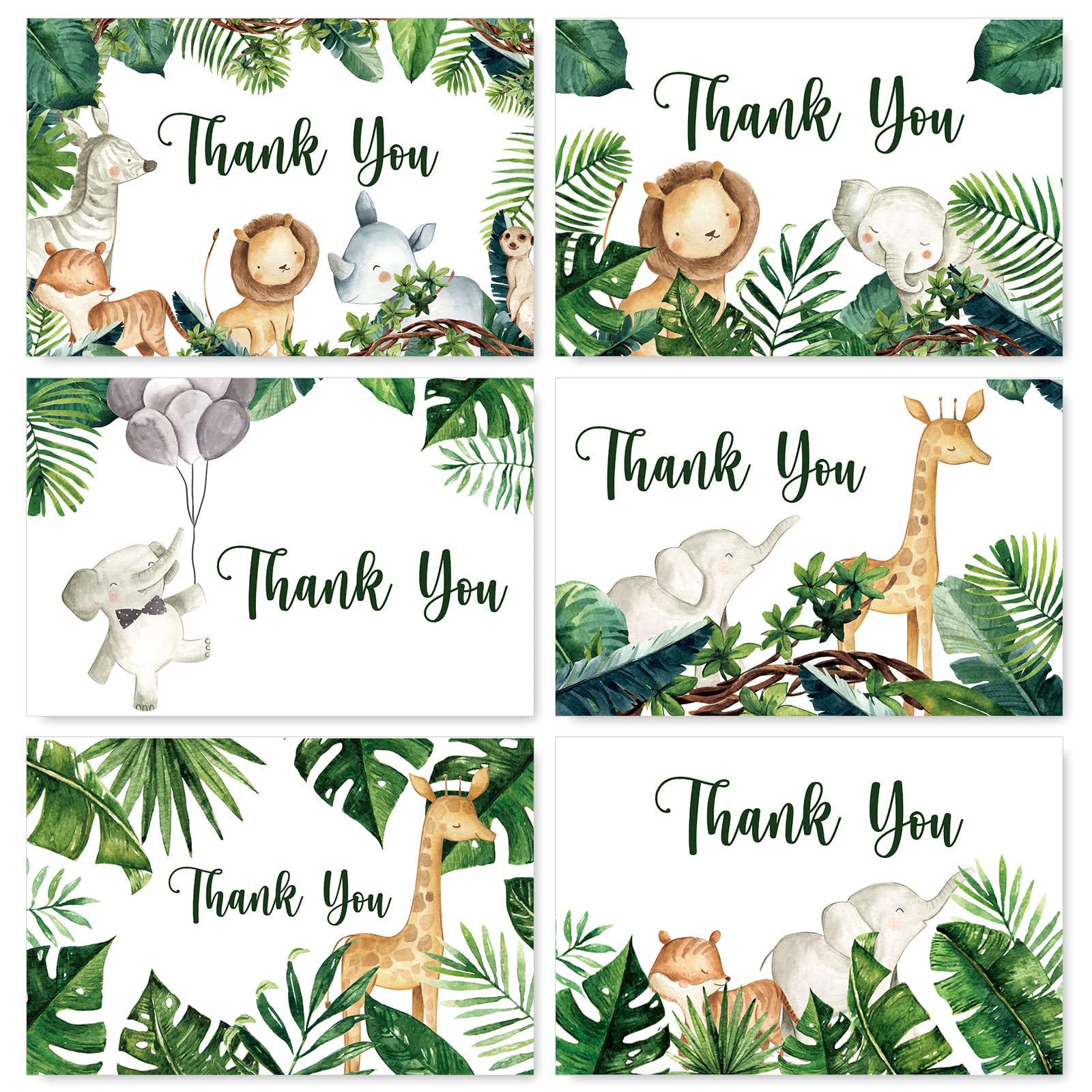 AnyDesign Woodland Thank You Cards with Envelopes Stickers Safari Jungle 30 Pack Watercolor Forest Animals Greenery Greeting Note Cards for Kids Girls Boy Children Birthday Baby Shower Party Supplies