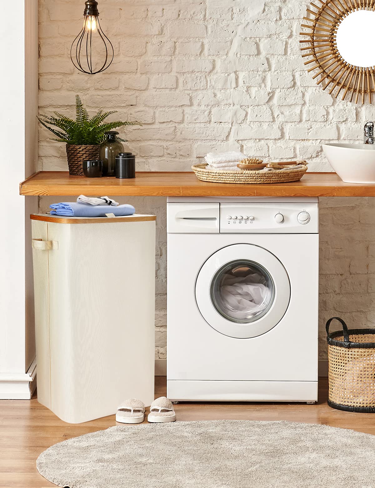 yamagahome Laundry Basket with Lid, 100L Collapsible Large Laundry Hamper with 2 Removable Laundry Bag and Upgrade Lid Design, Waterproof Laundry Basket Storage Made of Bamboo and Oxford