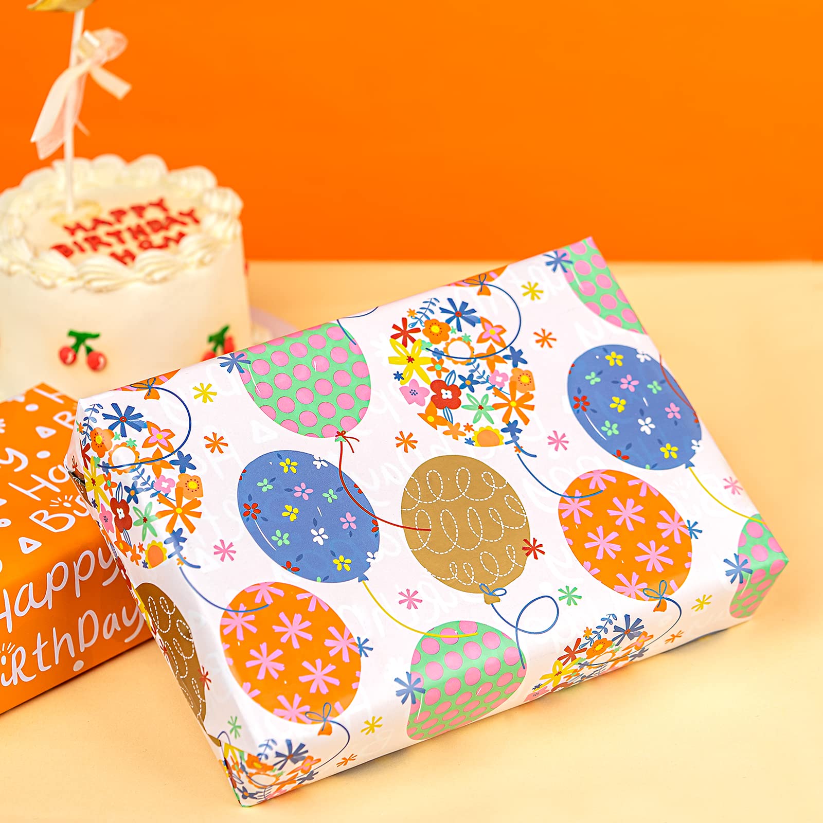 LeZakaa Reversible Birthday Wrapping Paper Roll - Flower Balloon & Happy Birthday Lettering - 17 inches x 32.8 Feet (46.45 sq.ft.)