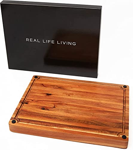 Premium Large Acacia Wood Cutting Board for Kitchen. 1.5in Extra Thick Chopping Board with Juice Groove. Non slip Reversible Butcher Block Countertop & Charcuterie Board gift set