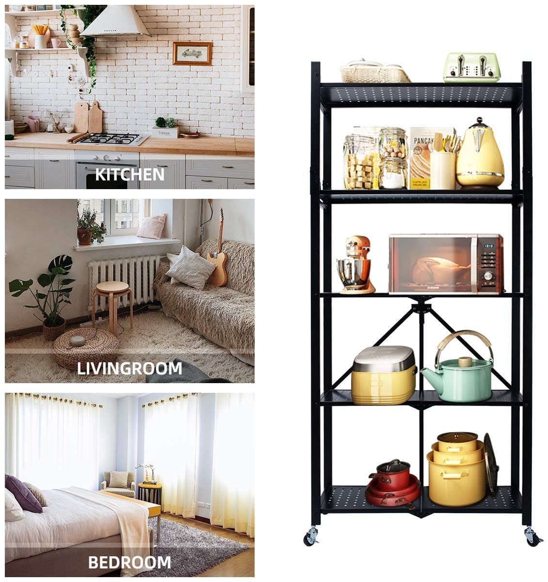 Malson Metal Storage Rack with Wheels, 5-Tier Storage Shelf Heavy Duty Storage Shelving Unit and Metal Organizer Wire Rack for Home Office Kitchen Bathroom Organization