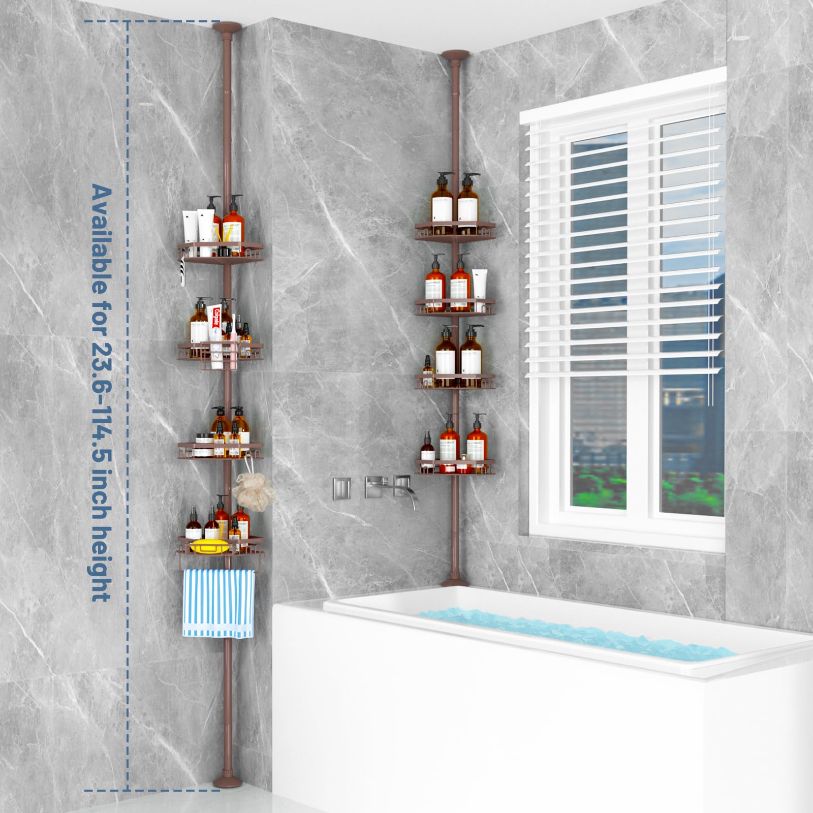 Shower Caddy Corner Tension Pole Stainless Organizer for Bathroom, Rustproof 4 Large Shelves and 2 Small Basket for Bathtub Shampoo Accessories Storage, 23.6 to 114.5 Inch Height Adjustable (Black)