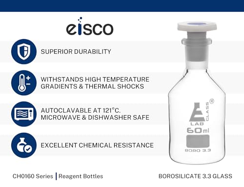 EISCO 125mL (4.2oz) Glass Reagent Bottle with Acid Proof Polypropylene Stopper, Borosilicate 3.3 Glass Labs