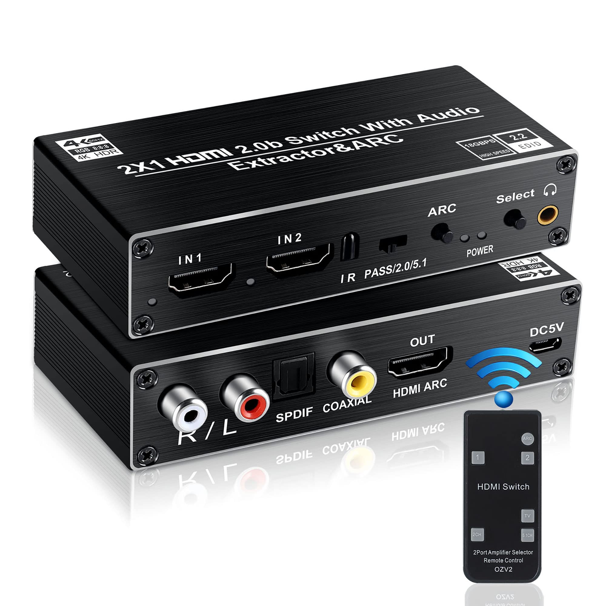 avedio links HDMI Switch Audio Extractor, HDMI Switch Splitter 2 Inputs 1 Output with Remote 4K@60hz, 2-Port HDMI2.0b Switcher Box with Optical Toslink SPDIF+Coaxial+Analog RCA Stereo Audio Out