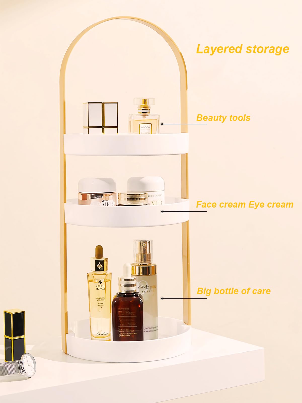 COCSKERQL 3-Tier Bathroom Counter Organizer,Makeup Shelf Organizer, Bathroom Countertop Perfume Tray and Vanity Organizer for Corner Storage (yellow)