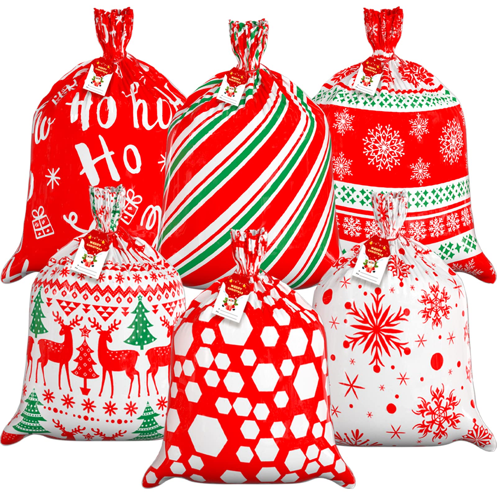 Large Christmas Gift Bag for Christmas Presents- 6Pcs Jumbo Plastic Christmas Red and White Gift Bags with Gift Tags and Ribbon for Christmas Big Gift Wrapping Holiday Goody Bag Party Favor Supplies