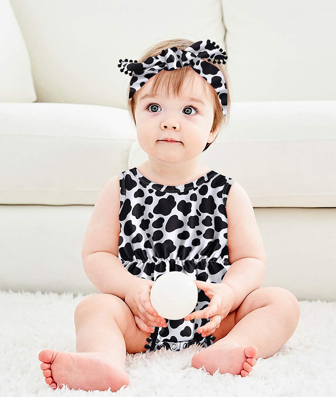 Leapparel Baby Girls Rompers Cute Cow Jumpsuits Infant Boys Outfit Clothes Black Pompom Bodysuits White Baby Playsuit with Bow-Knot Headband for 3-6 Months