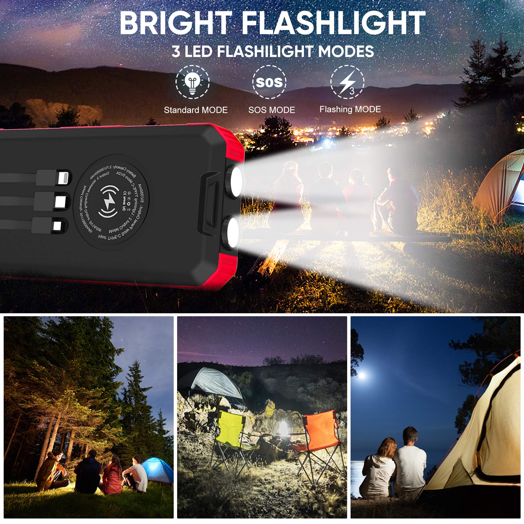 Solar Charger Power Bank OIMYE Solar Phone Charger 30000mAh, Type C Quick Charge 3.0, Wireless Portable Charger Power Bank with External 3 Cables & Flashlight for iPhone, Android, Tablet, Camping